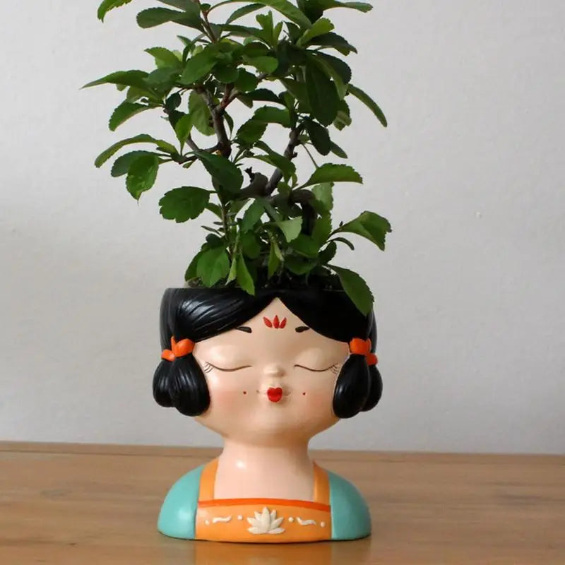 Ancient-Style Girl Head Planter – Resin Face Flower Pot with Drainage ...
